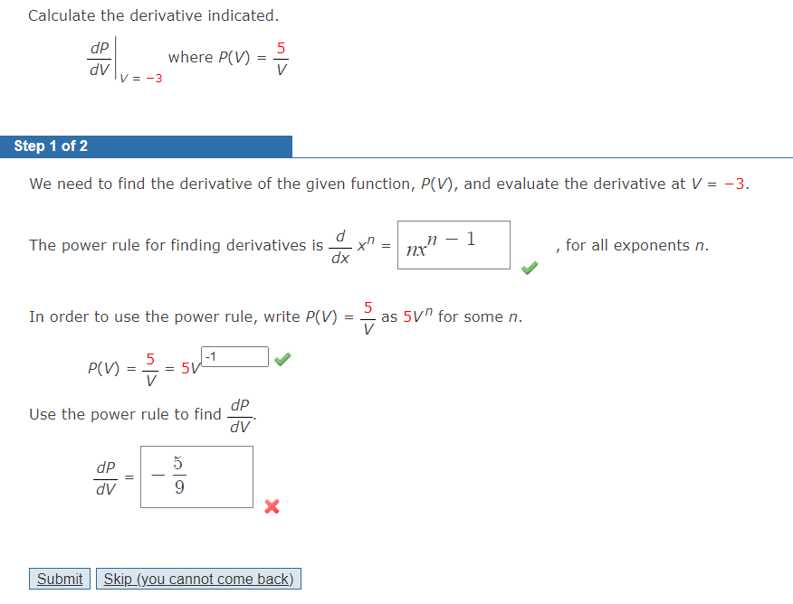 Solved Calculate the derivative indicated. dp 5 where P(V) V | Chegg.com
