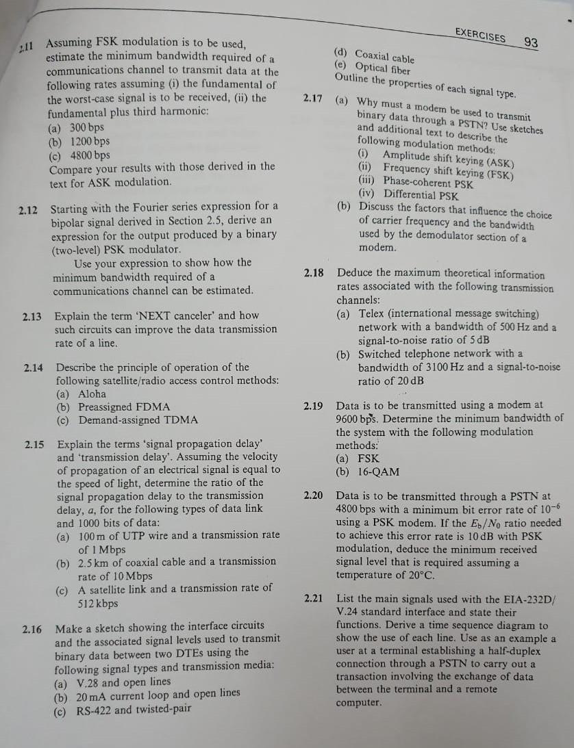 Solved EXERCISES 93 11 Assuming FSK modulation is to be | Chegg.com