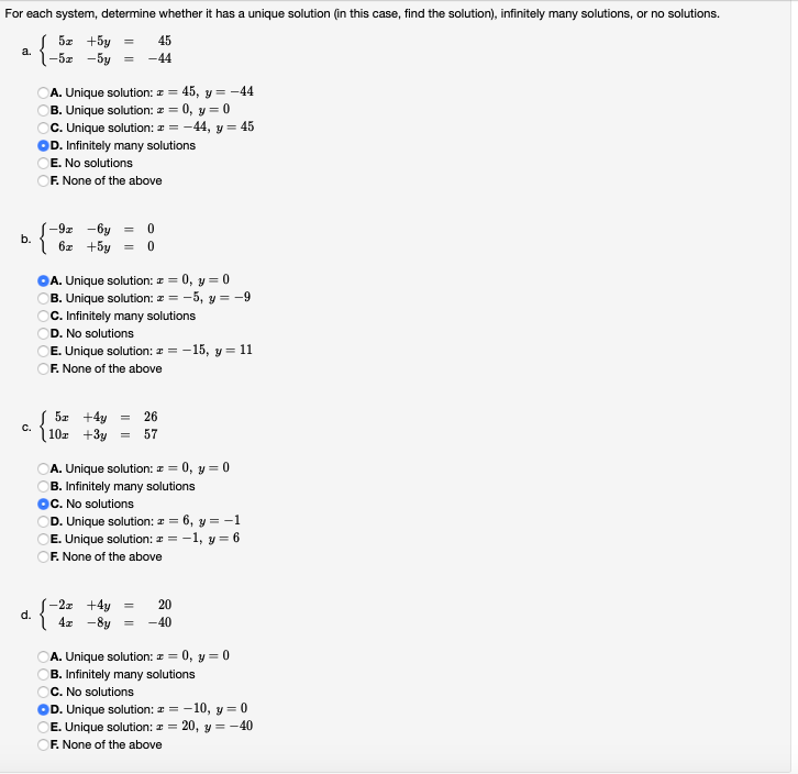 Solved For each system, determine whether it has a unique | Chegg.com
