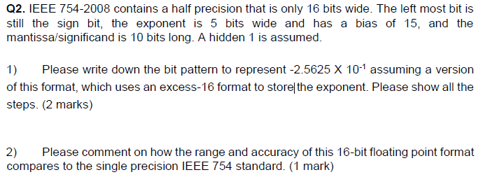 Solved Q2. IEEE 754-2008 contains a half precision that is | Chegg.com