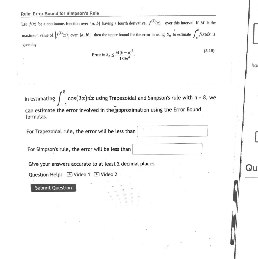 Solved Rule: Error Bound for Simpson's Rule Let f(x) be a | Chegg.com