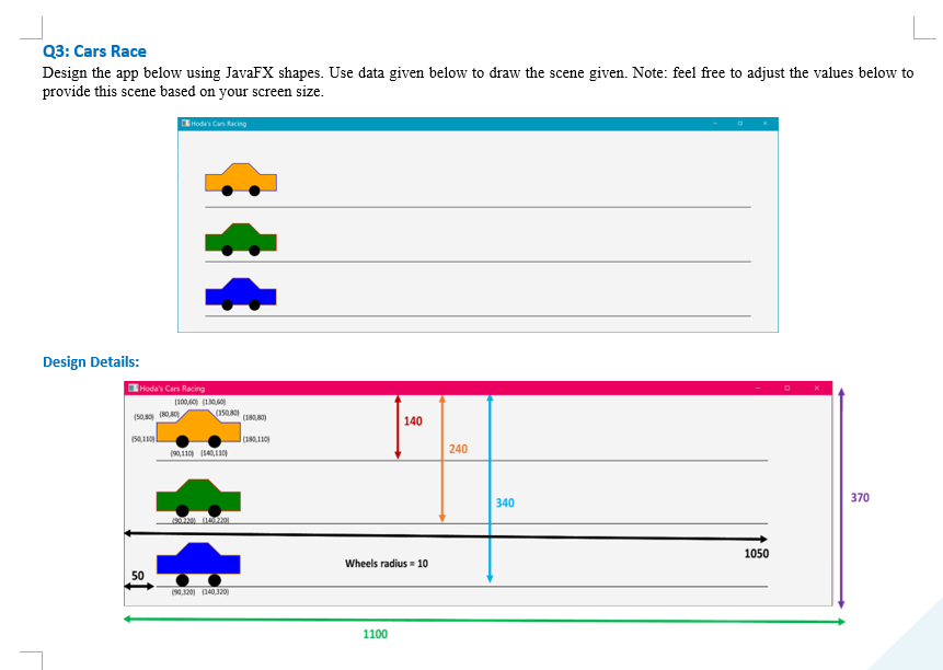 Solved Q3: Cars Race Design the app below using JavaFX | Chegg.com