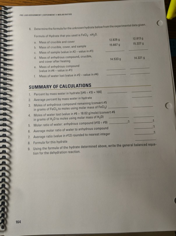 LAB ASSIGNMENT EXPERIMENT MOLAR RATIOS 6. Determine | Chegg.com