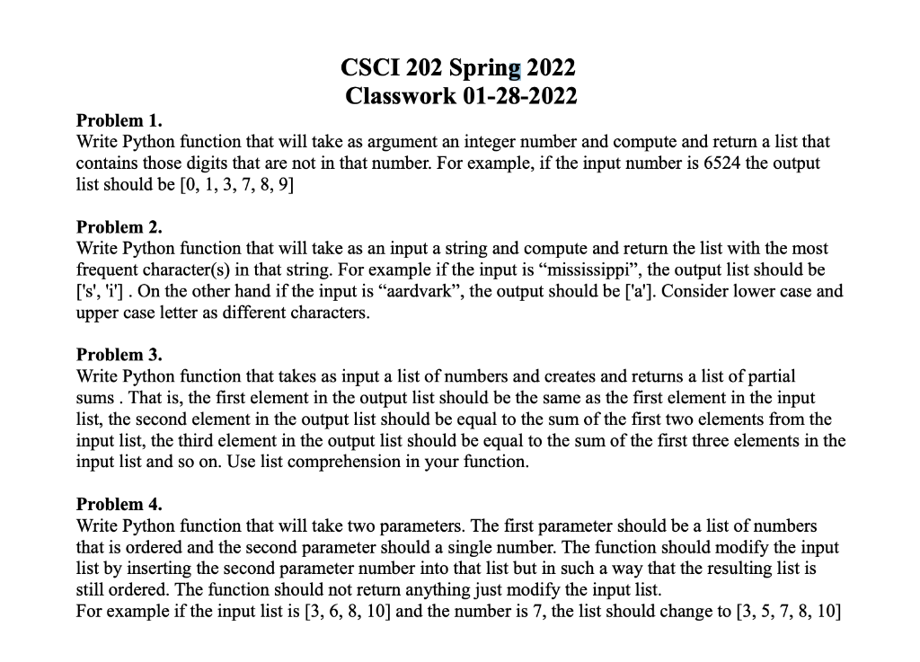 Solved CSCI 202 Spring 2022 Classwork 01-28-2022 Problem 1. | Chegg.com