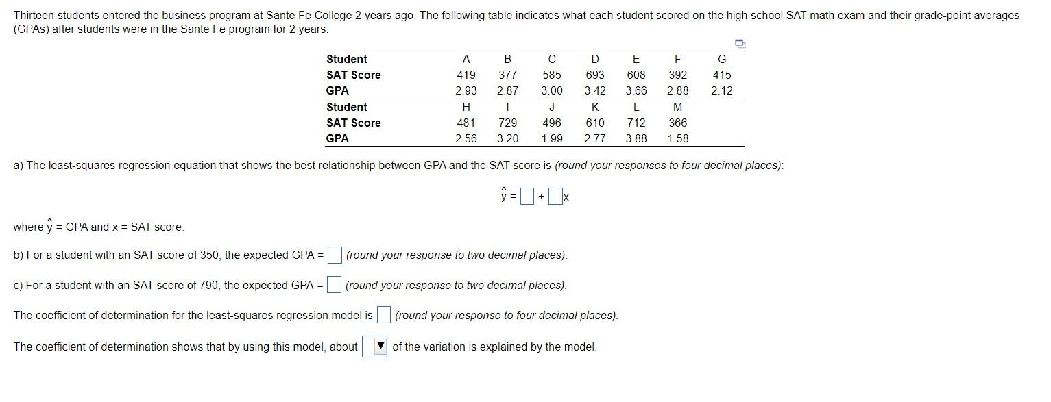 Solved y^= +x where y^= GPA and x= SAT score. b) For a | Chegg.com
