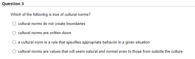 Solved Which of the following is true of cultural norms? | Chegg.com