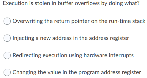Solved Execution is stolen in buffer overflows by doing | Chegg.com