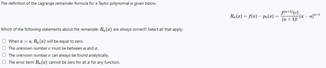 Solved The definition of the Lagrange remainder formula for | Chegg.com