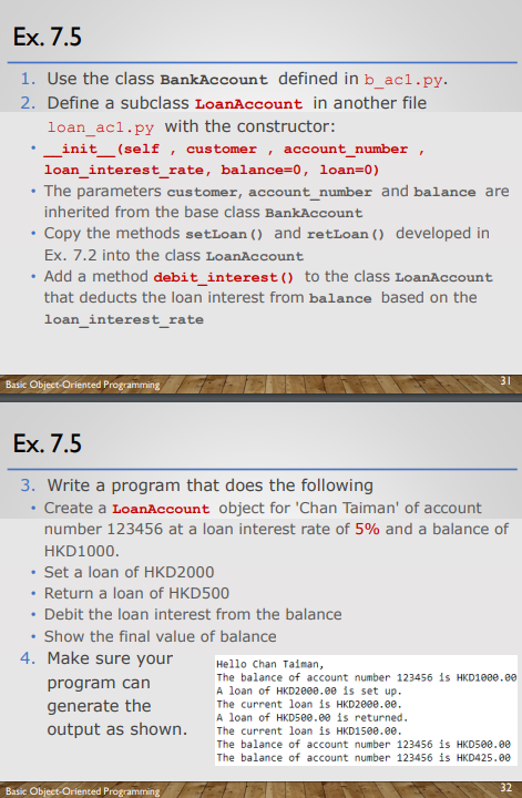 Solved Ex. 7.5 1. Use the class BankAccount defined in | Chegg.com