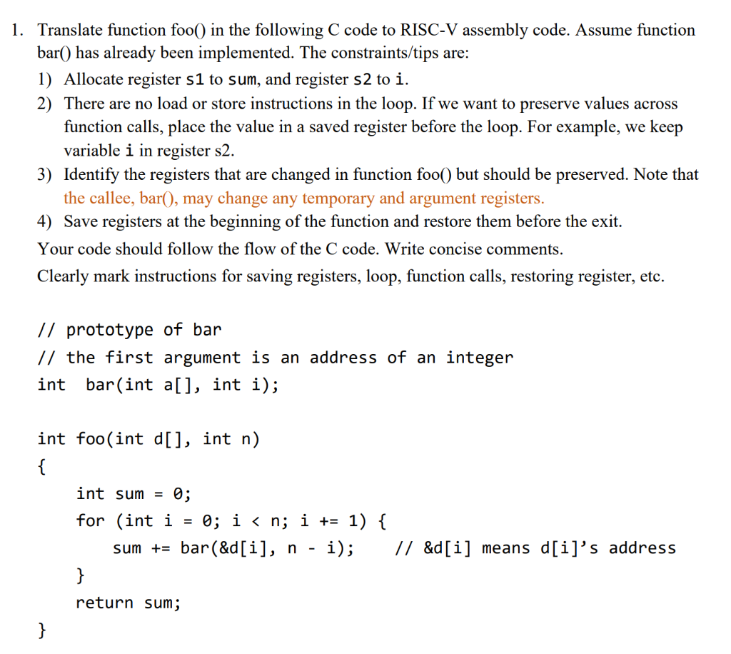 Solved 1. Translate function foo() in the following C code | Chegg.com