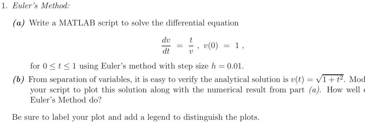 Solved 1. Euler's Method: (a) Write a MATLAB script to solve | Chegg.com