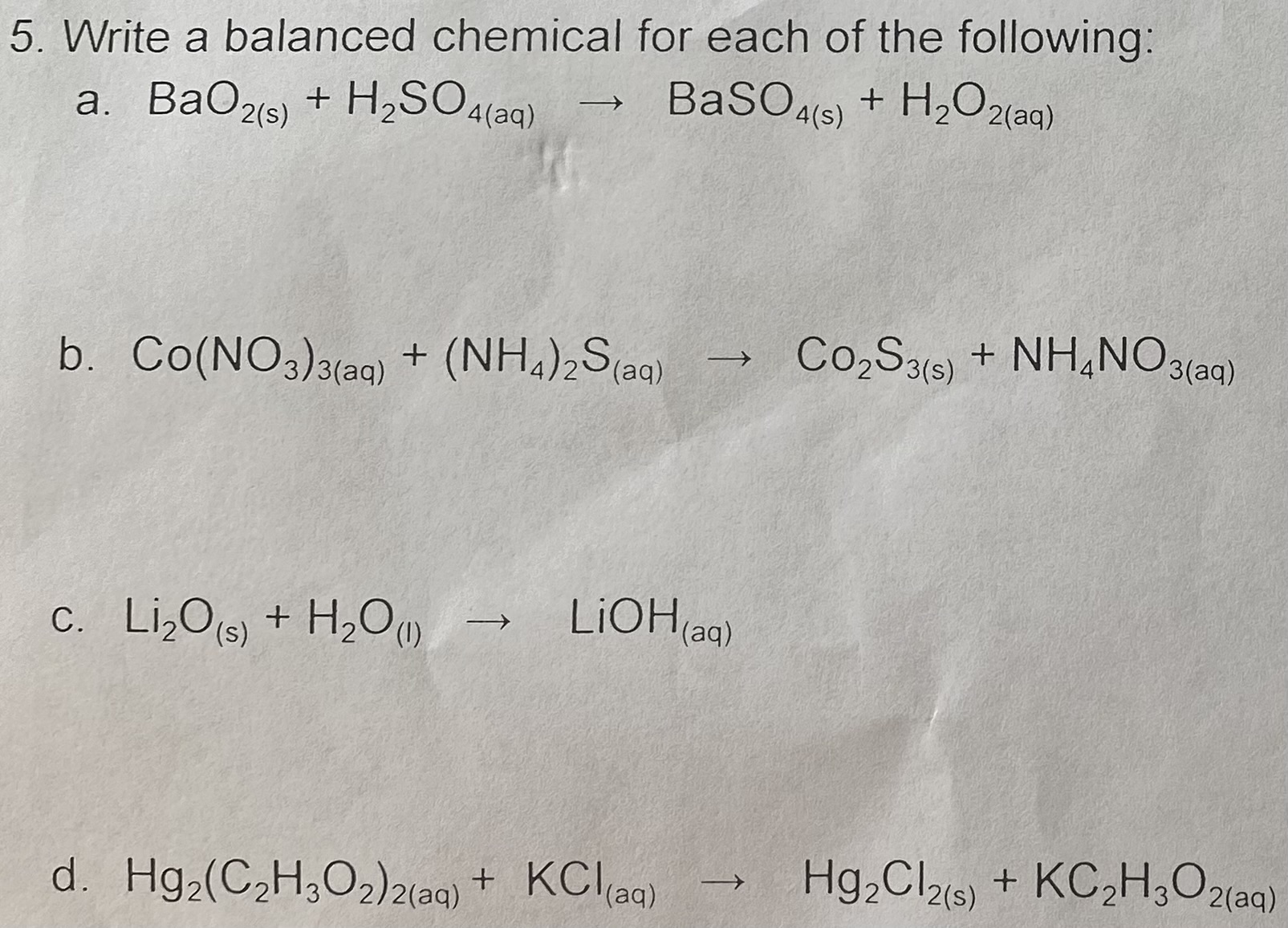 Solved 7. Complete and balance each equation. If no reaction | Chegg.com