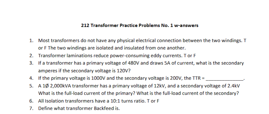 Solved 212 Transformer Practice Problems No. 1 w-answers 1. | Chegg.com