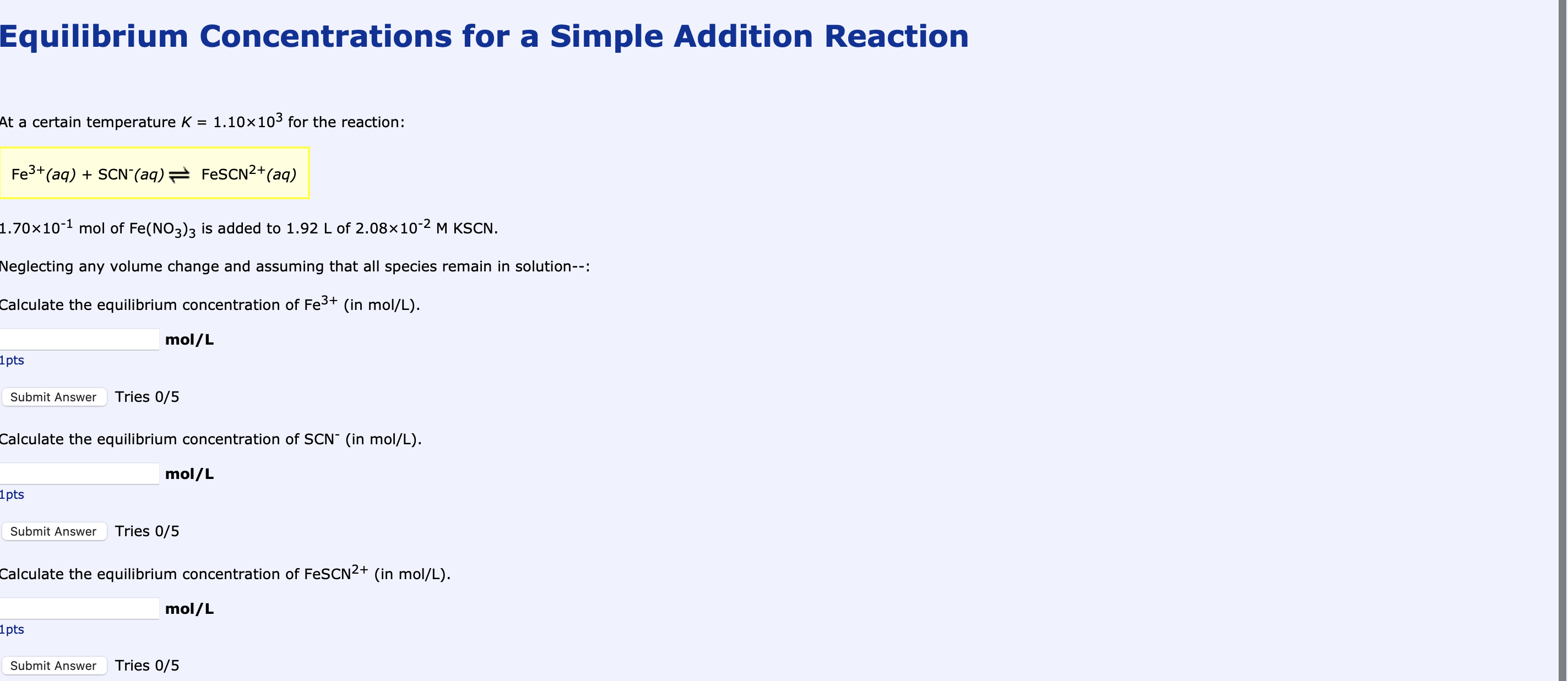 Solved Equilibrium Concentrations for a Simple Addition | Chegg.com