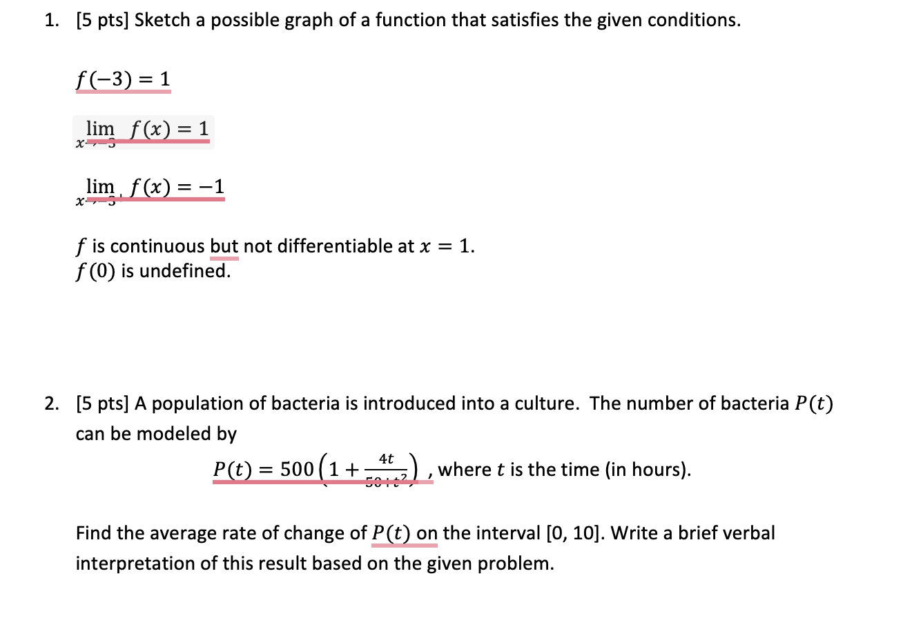 1. [5 pts] Sketch a possible graph of a function that | Chegg.com