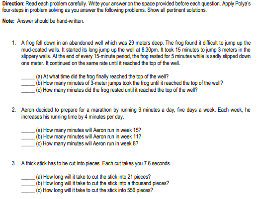 Solved Direction: Read each problem carefully. Write your | Chegg.com