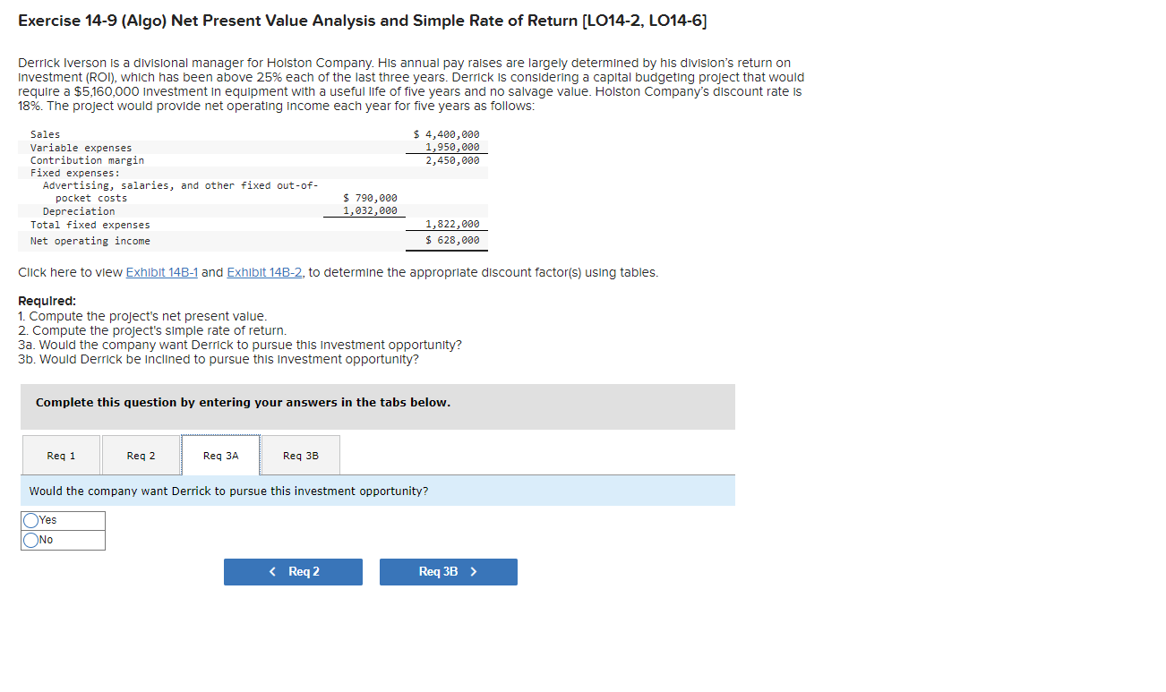 Solved Exercise 14-9 (Algo) Net Present Value Analysis and | Chegg.com