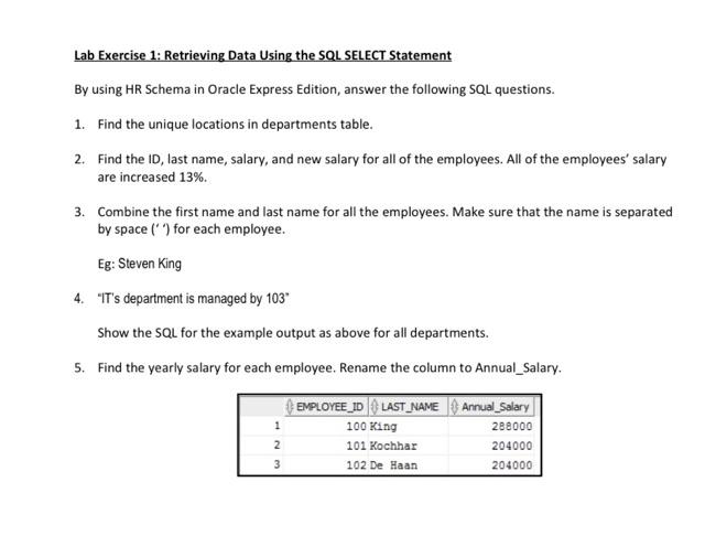 Solved Lab Exercise 1: Retrieving Data Using the SQL SELECT | Chegg.com