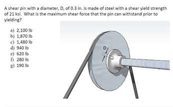 Solved A shear pin with a diameter, D, of 0.3 in. is made of | Chegg.com