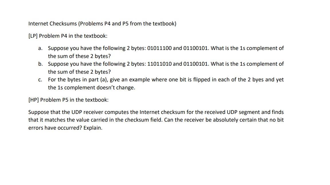 Solved Internet Checksums (Problems P4 and P5 from the | Chegg.com