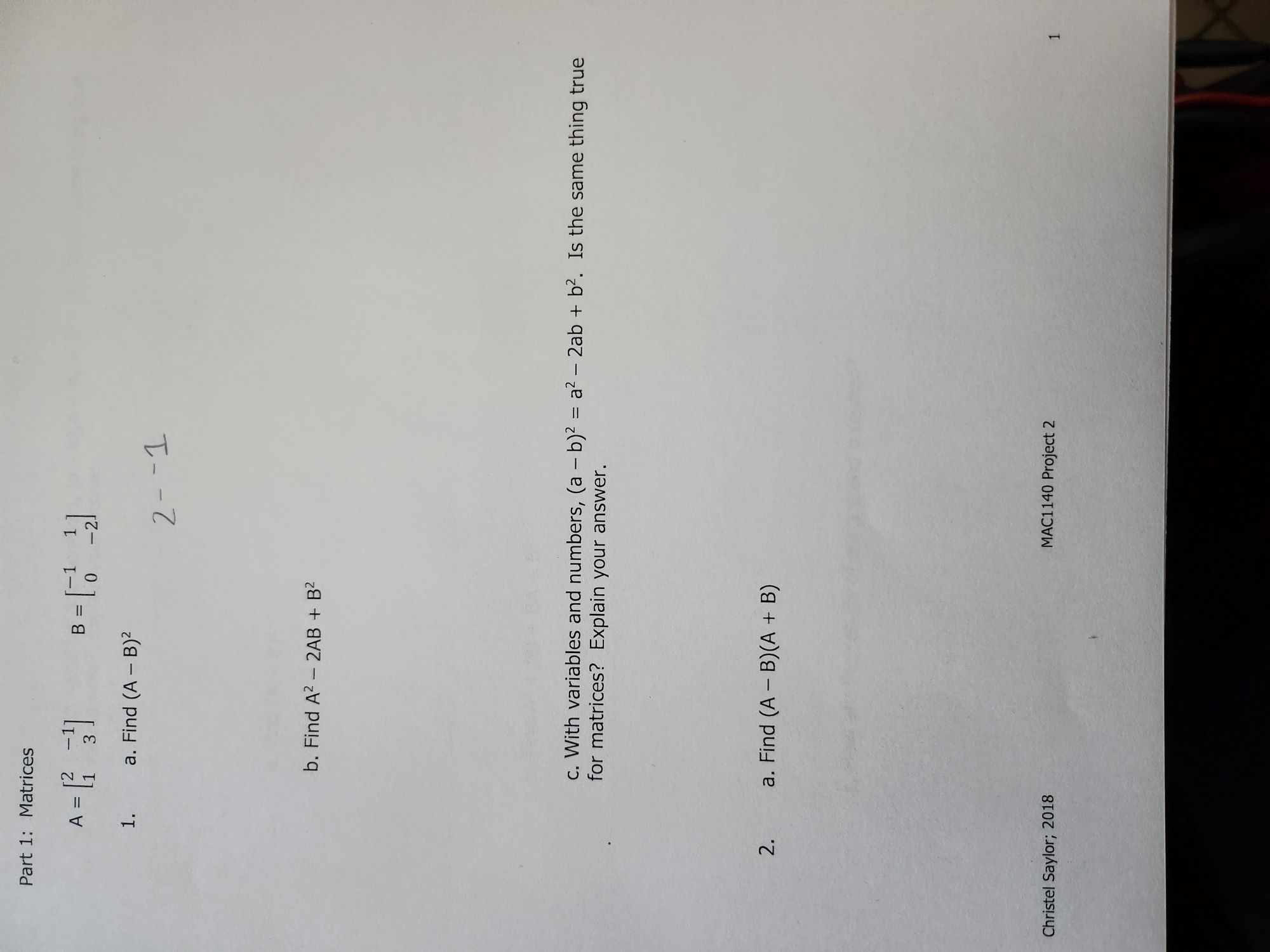 Solved Part 1: Matrices A=[21−13]B=[−101−2] 1. a. Find | Chegg.com