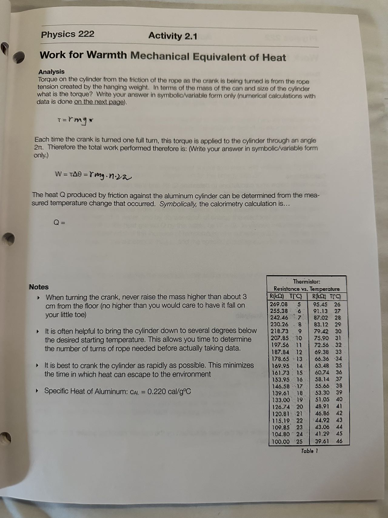 Solved Work for Warmth Mechanical Equivalent of Heat | Chegg.com
