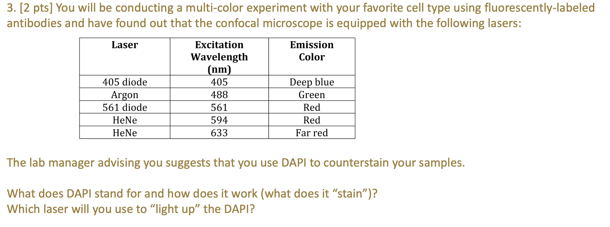 Solved 3. [2 pts] You will be conducting a multi-color | Chegg.com