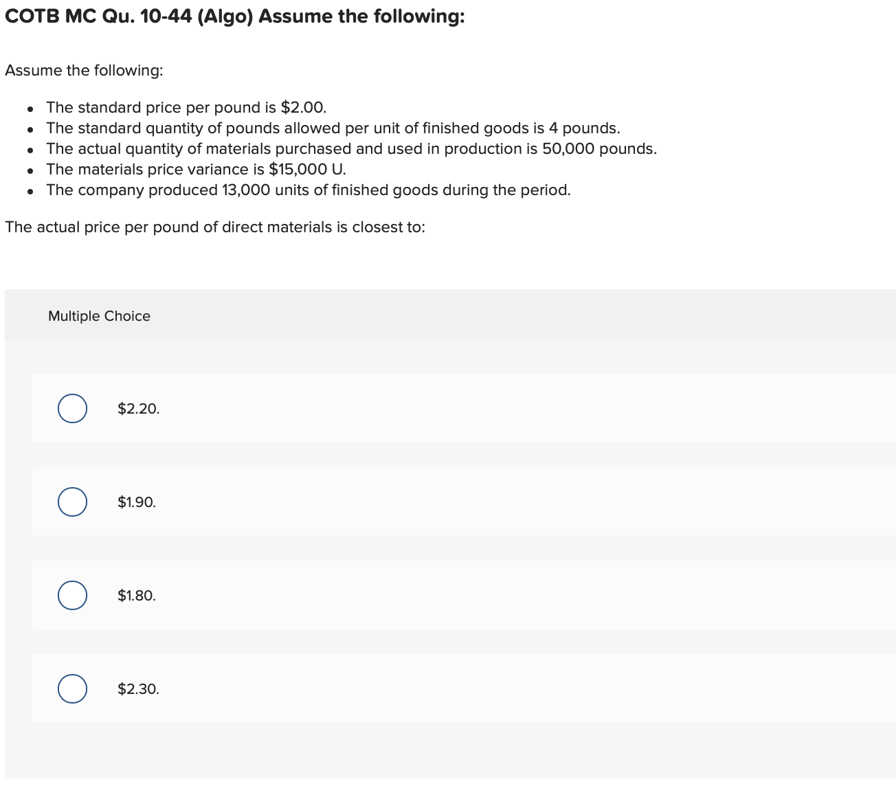 Solved COTB MC Qu. 10-44 (Algo) Assume the following: Assume | Chegg.com