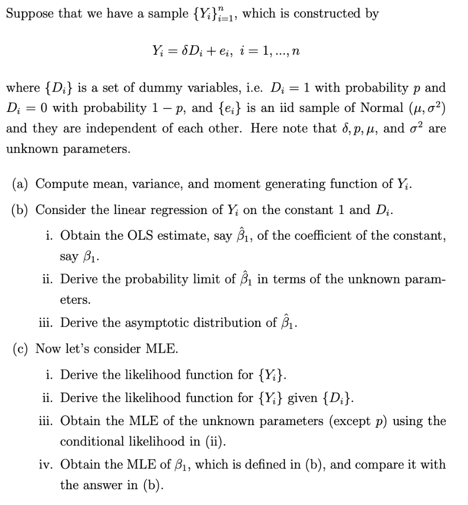 Solved Suppose that we have a sample {Y{}"=1, which is | Chegg.com