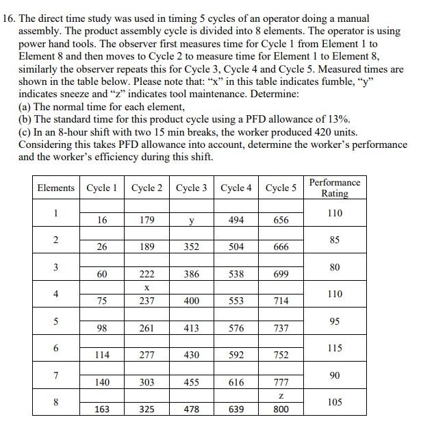 Solved 16. The direct time study was used in timing 5 cycles | Chegg.com