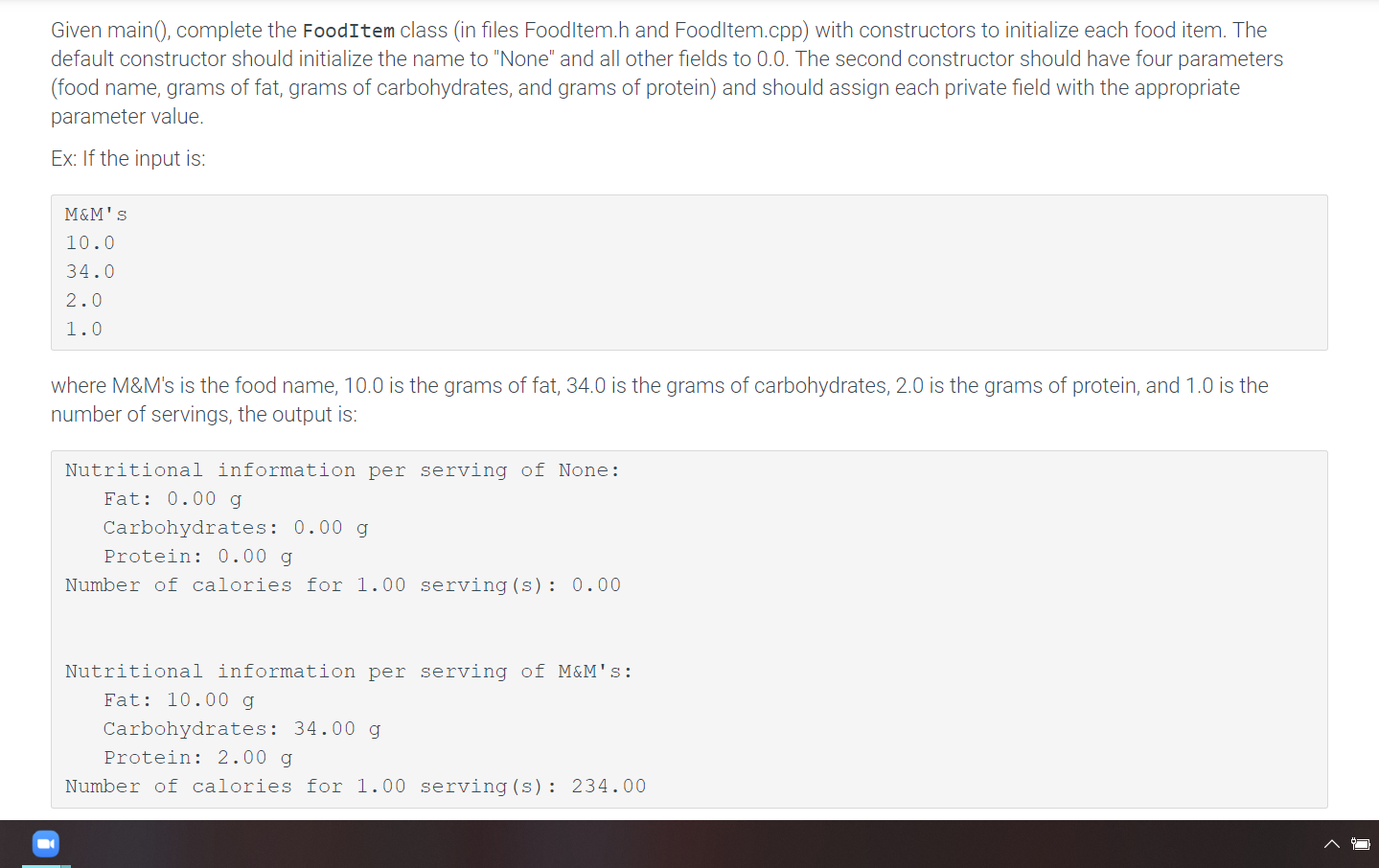 Solved Given main(), complete the FoodItem class (in files | Chegg.com