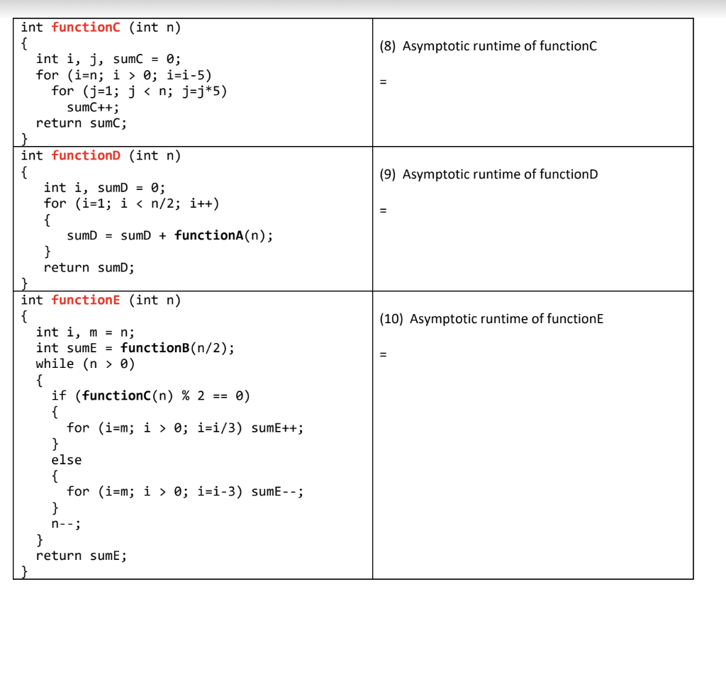 Solved (8) Asymptotic runtime of function (9) Asymptotic | Chegg.com