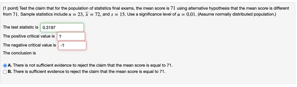 Solved (1 point) Test the claim that for the population of | Chegg.com
