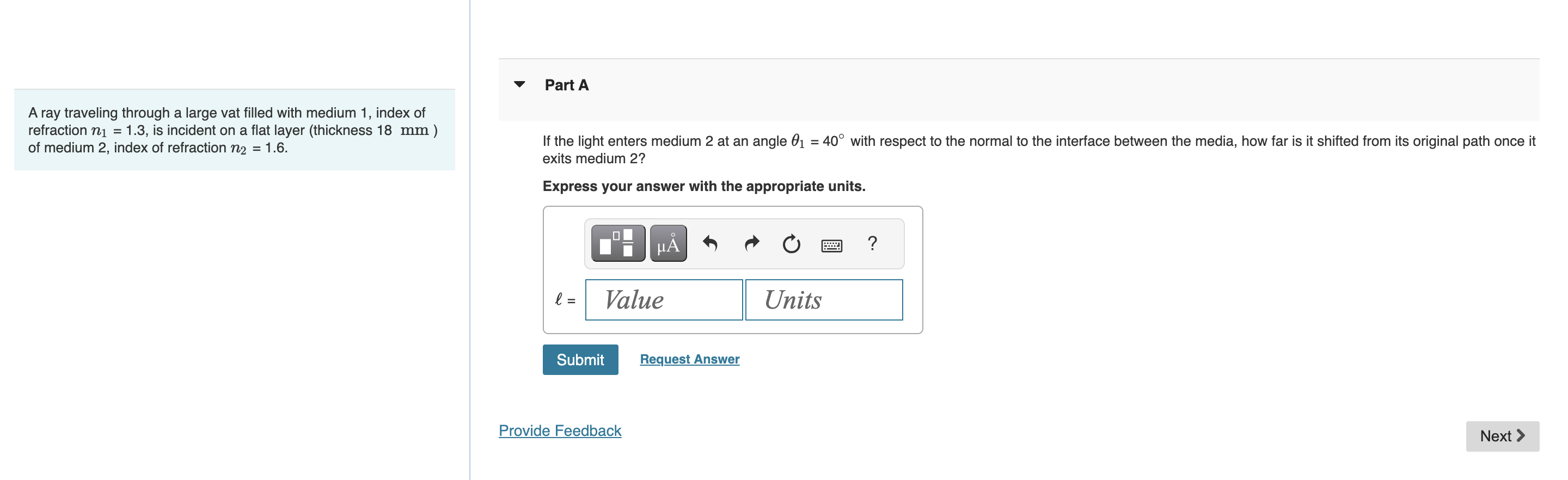Solved A ray traveling through a large vat filled with | Chegg.com