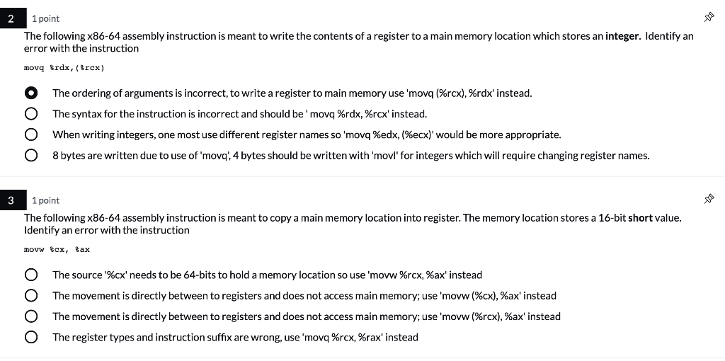 Solved 1 point The following x86-64 assembly instruction is | Chegg.com