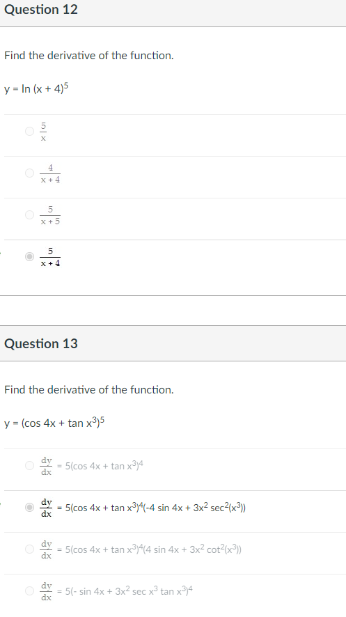Solved Find the derivative of the function. y=ln(x+4)5 x5 | Chegg.com