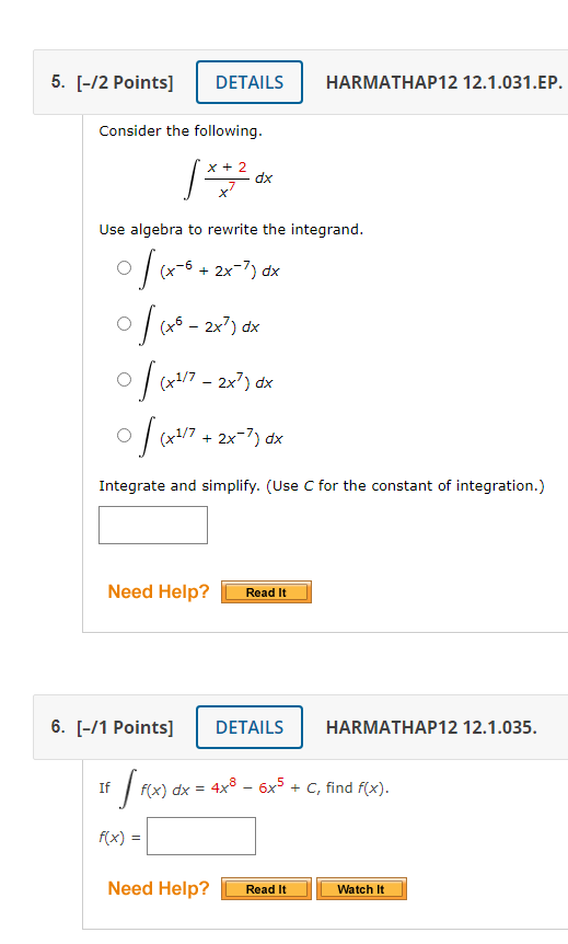 Solved 5. [-/2 points) DETAILS HARMATHAP12 12.1.031.EP. | Chegg.com