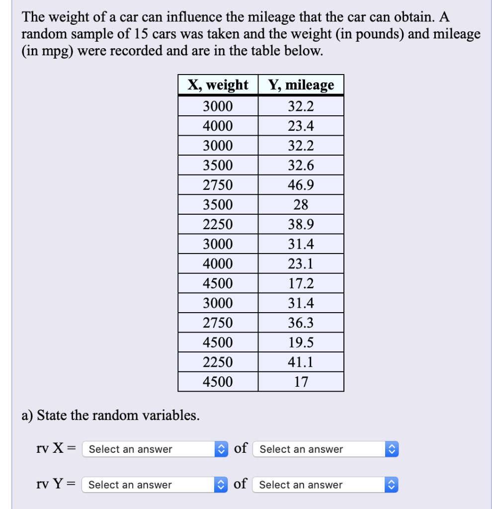Solved a) State the random variables. rv X = Select an | Chegg.com