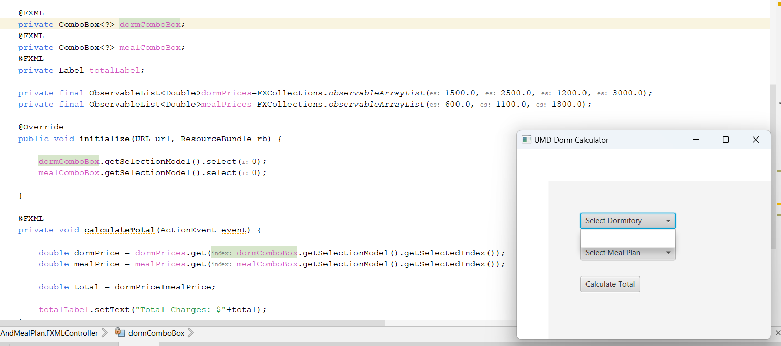 Solved private ComboBox dormComboBox; @ FXML private | Chegg.com