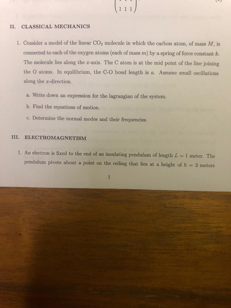 Solved II. CLASSICAL MECHANICS 1. Consider a model of the | Chegg.com