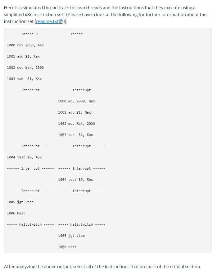 Here is a simulated thread trace for two threads and | Chegg.com