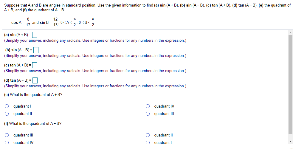 Solved Suppose that A and B are angles in standard position. | Chegg.com