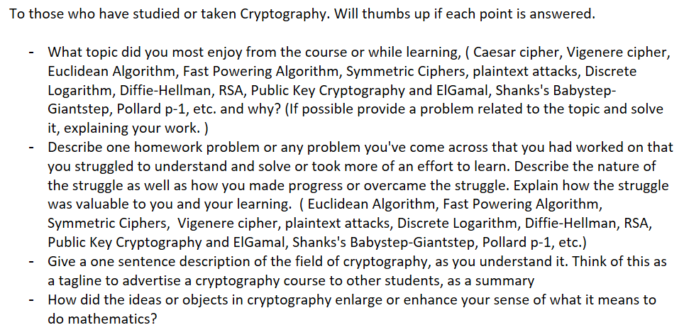 Solved To those who have studied or taken Cryptography. Will | Chegg.com