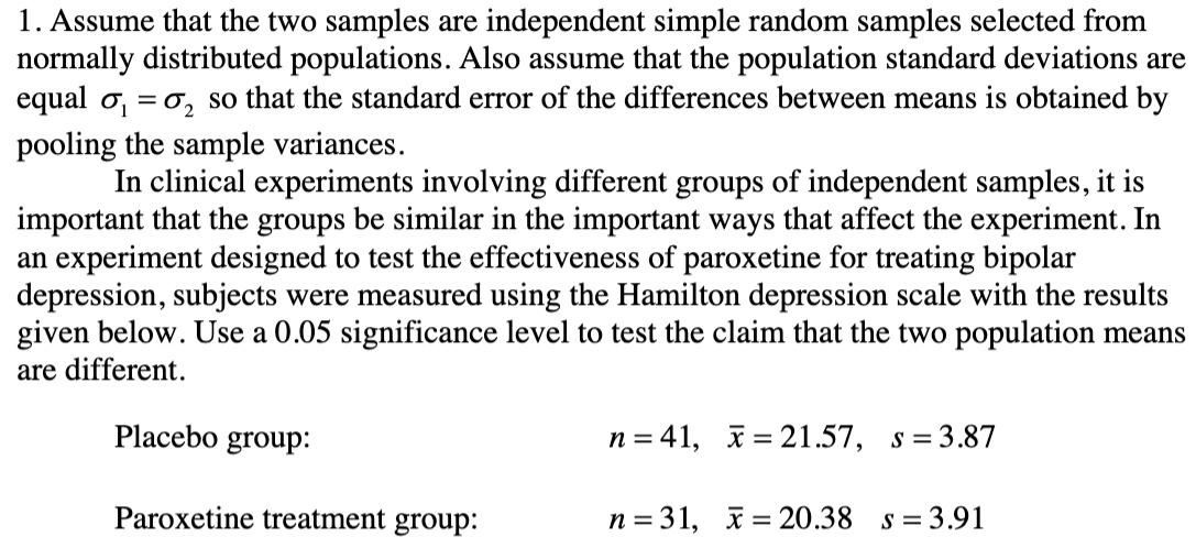 Solved 1. Assume that the two samples are independent simple | Chegg.com