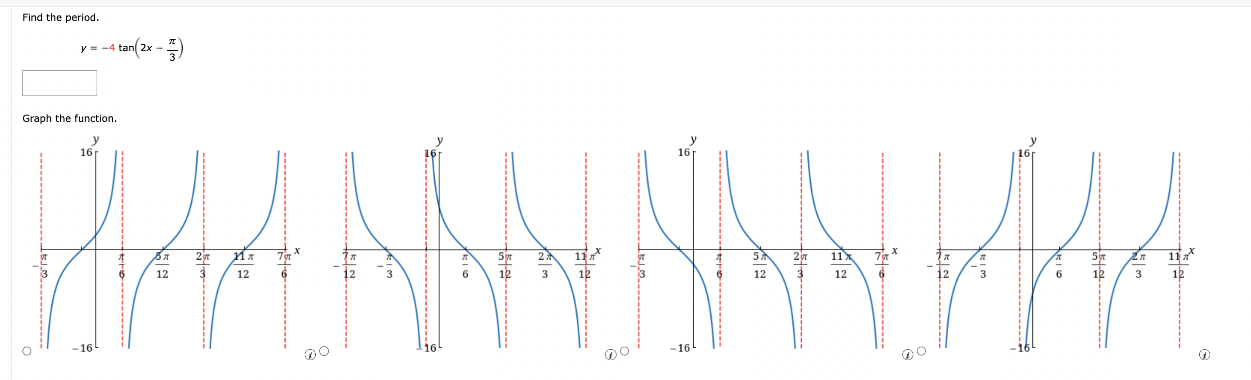 Solved Find the period. y=−4tan(2x−3π) Graph the function. | Chegg.com