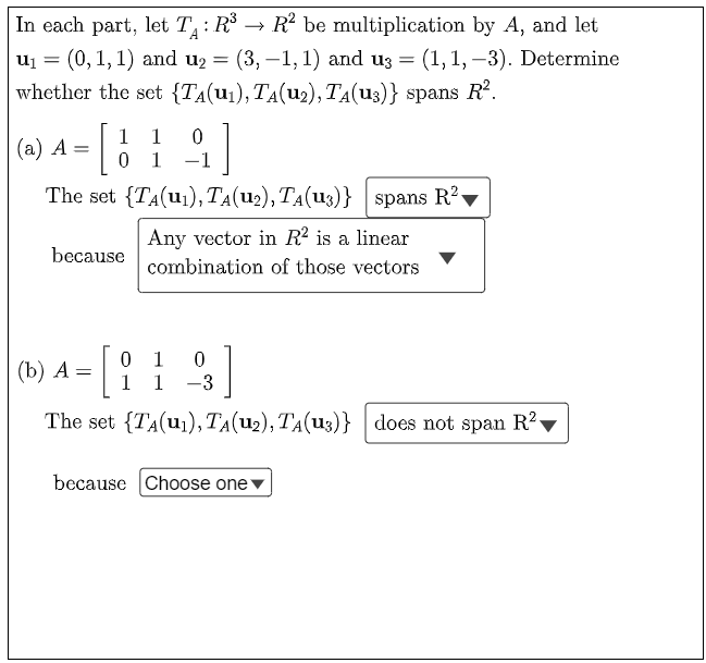 Solved = R? In each part, let TA: RP → Rể be multiplication | Chegg.com Solved = R? In each part, let TA: RP → Rể be multiplication | Chegg.com