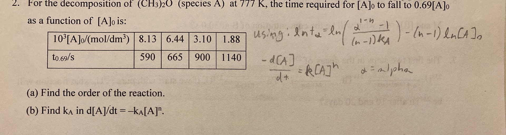Solved For the decomposition of (CH3)2O (species {:A) ﻿at | Chegg.com