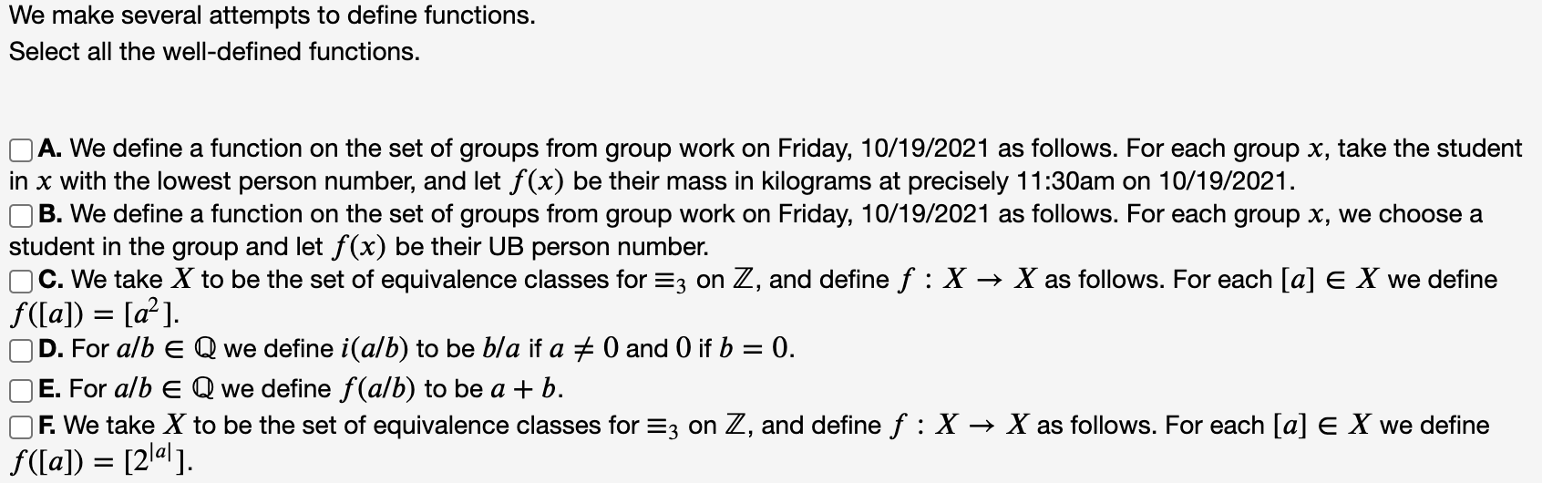 Solved We make several attempts to define functions. Select | Chegg.com