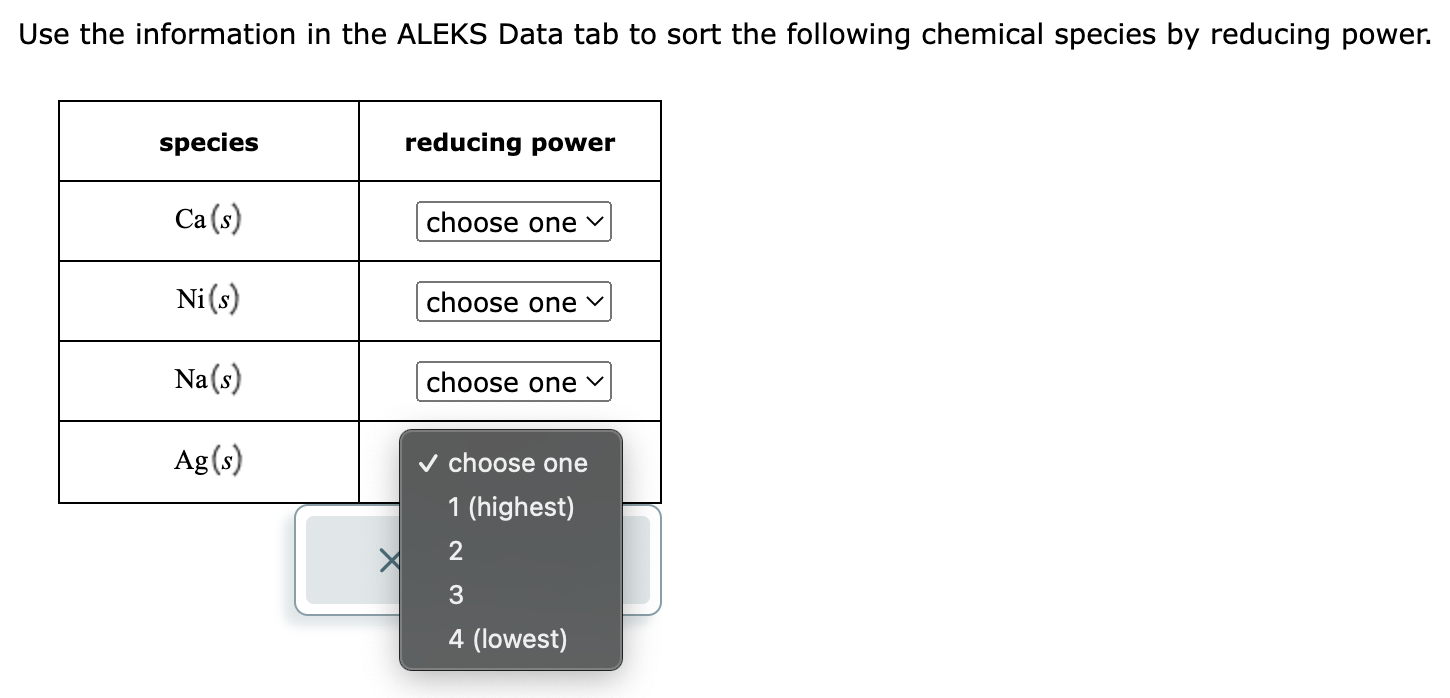Solved Use the information in the ALEKS Data tab to sort the | Chegg.com