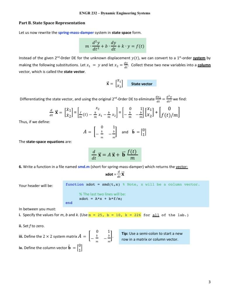 Solved ENGR 232 - Dynamic Engineering Systems Part B. State | Chegg.com